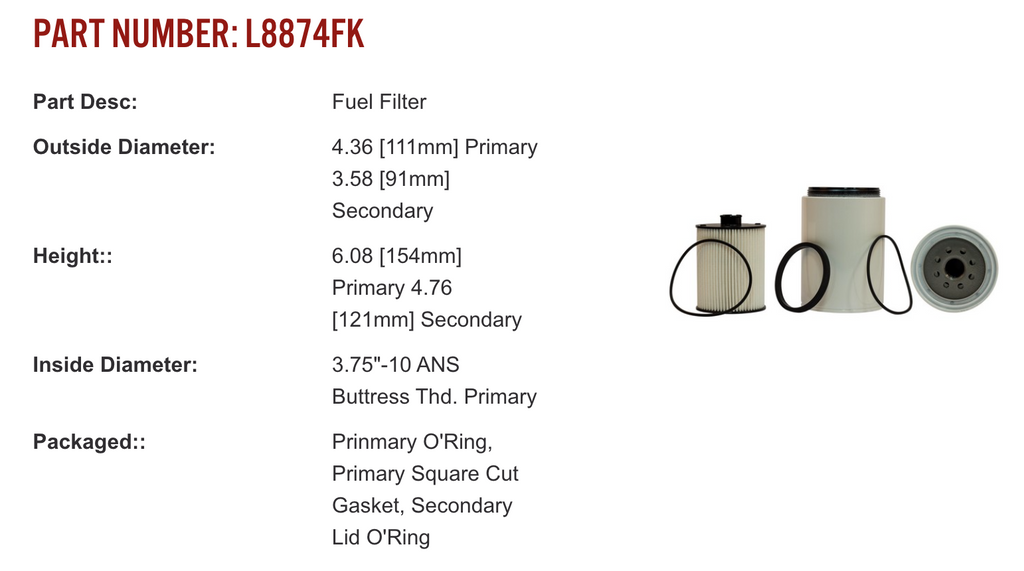 Filter, Luber-Finer, 6/1 fits International 1876533C93; Fuel Filter Ki ...